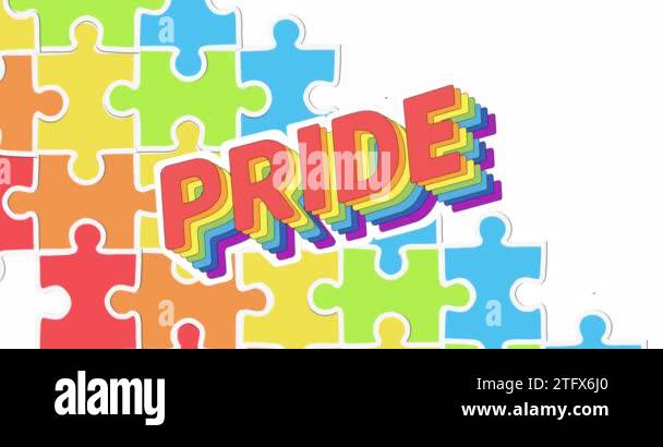 Animation of pride text over rainbow puzzle. pride month and ...