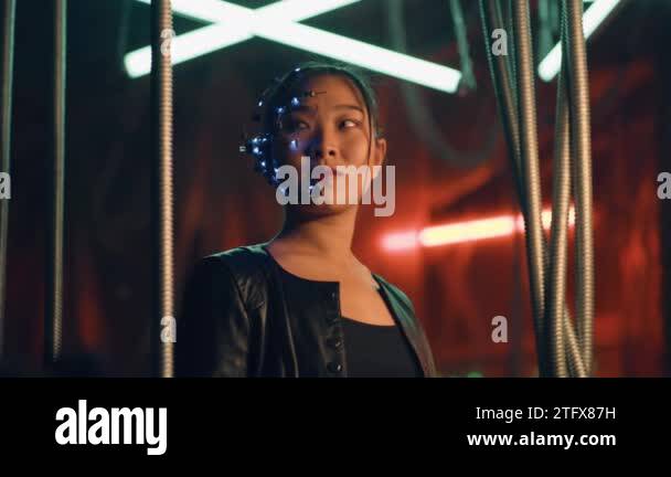 Cyberpunk girl in a black leather jacket and intense facial expressions ...