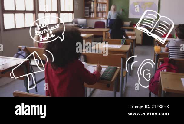 Animation of contour school items appearing over back view of class of ...