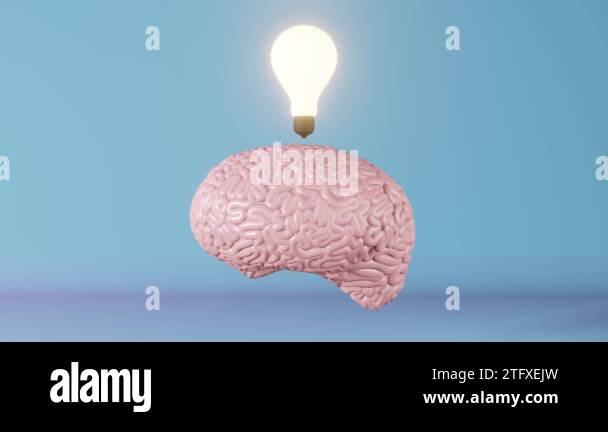 Human brain glowing light bulb neon background 3d animation.Creative ...