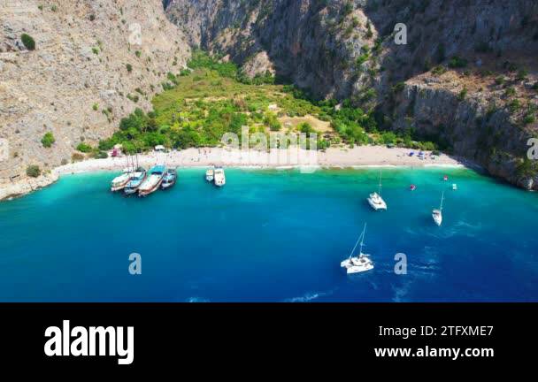 Butterfly Valley (Turkish: Kelebekler Vadisi) in Fethiye. Aerial view of sea and beach of ...