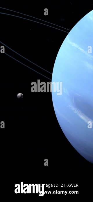 Neptune planet and her rings in the outer space with Triton moon. 4K ...