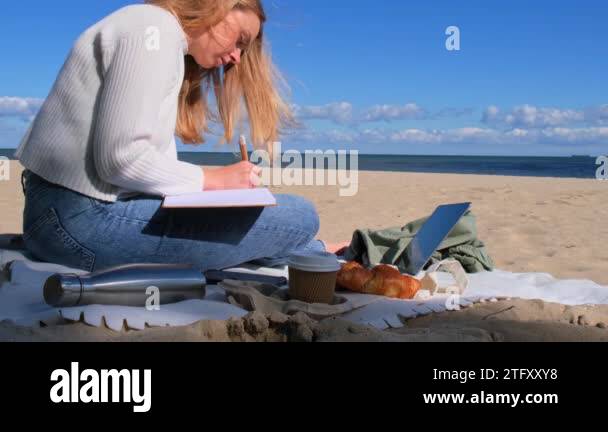 Young student study with notebook on beach next to sea ocean view ...