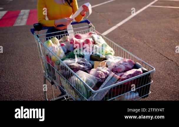 Woman checks paper check after shopping for groceries at mall by ...
