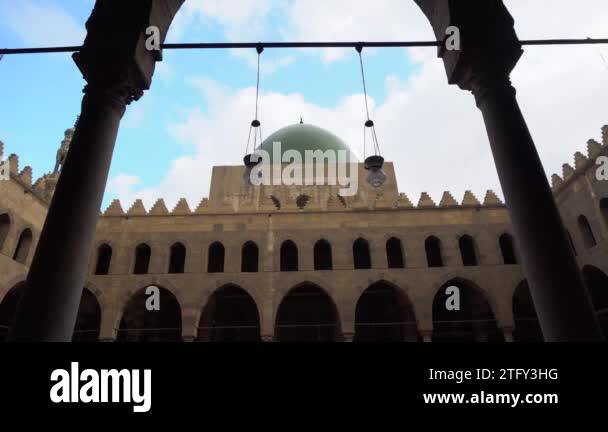 The Great Mosque of Muhammad Ali Pasha inside entrance gate with arch wall details pan shot ...
