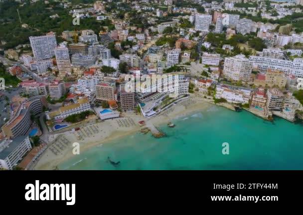 Birds-eye panoramic view on the island Mallorca, port and sea, town ...