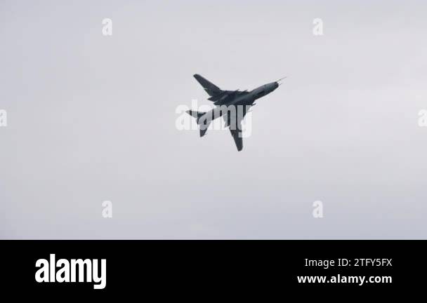 Soviet variable sweep wing fighter bomber plane in flight doing combat ...