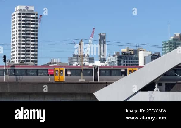 Double railway trains passing by each other at river crossing merivale ...