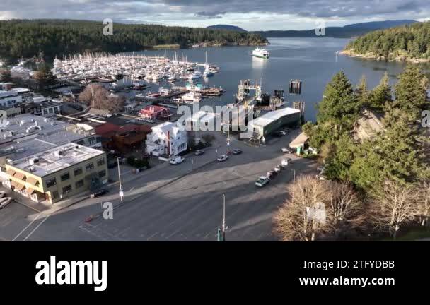 Cinematic 4K aerial drone footage of the arriving ferry at the Port and ...
