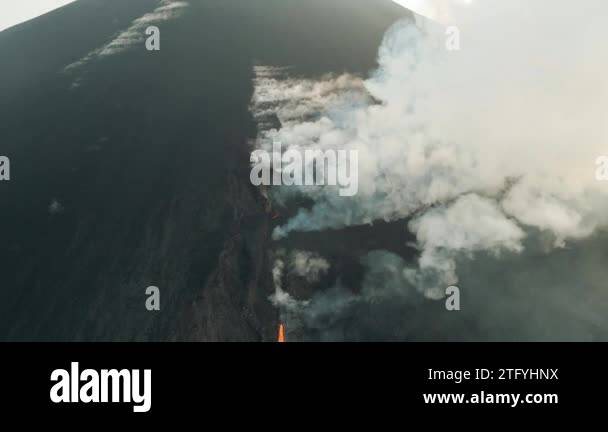 Volcanic eruption on the peninsula. Flowing lava and craters. An ...