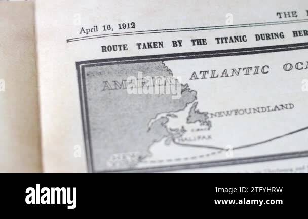 A newspaper map showing the voyage of the titanic before it struck an ...