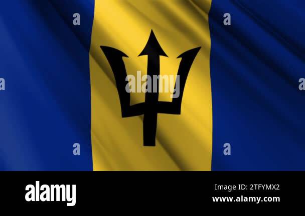Close up realistic texture fabric textile silk satin flag of Barbados ...