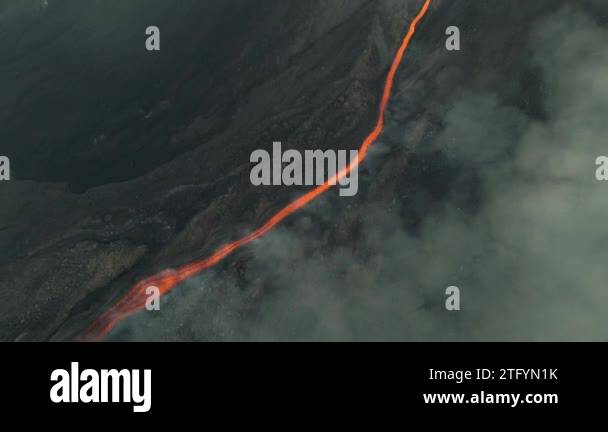Volcanic eruption on the peninsula. Flowing lava and craters. An ...