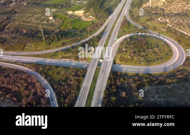 Overhead aerial view of highway.Road interchange.Drone footage Stock ...