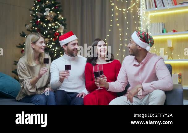 young cheerful group people, friends celebrate New Year countdown at ...