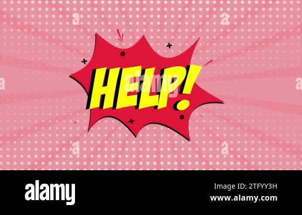 A comic strip cartoon animation, with the word Help appearing. Red and ...