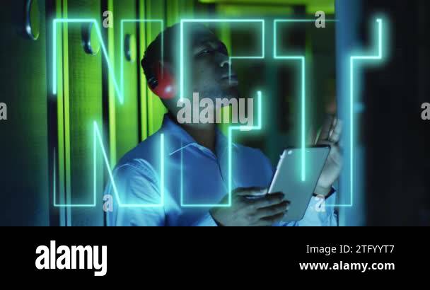 Animation of nft text over african american male worker in server room ...
