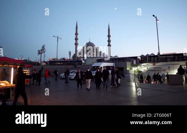 New Mosque. Valide Sultan Mosque. Ottoman mosque in Istanbul. Street ...