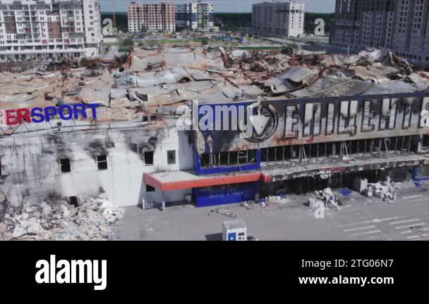 This stock video shows a destroyed by war building of a shopping center ...