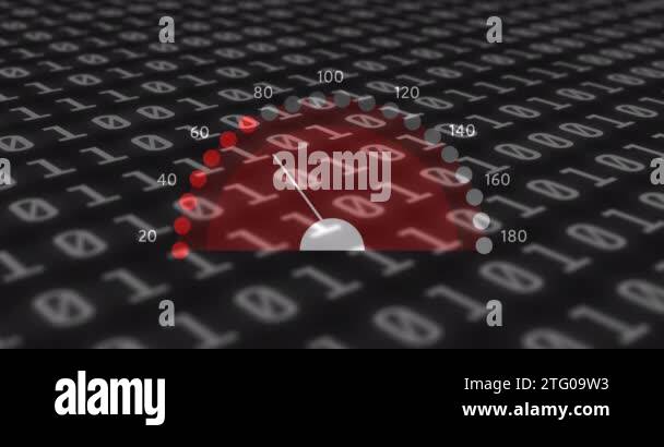 Animation of binary code over speedometer and black background ...