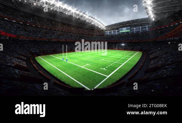 Rugby stadium with goal posts from fans view. Grassy playground and fan ...