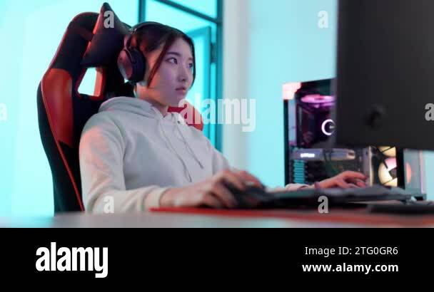 Video game, streaming and gamer woman with futuristic gaming room or ...