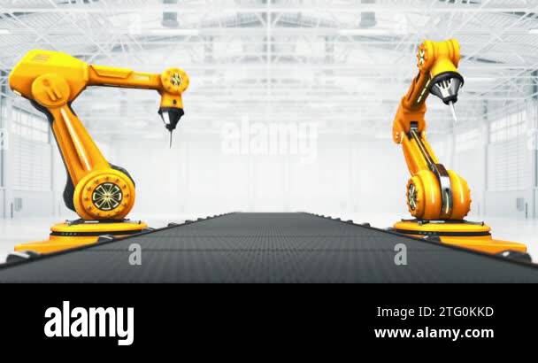 Two working robotic hands with conveyor belt at modern autonomous ...