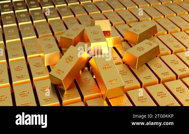 Golden bars. A stack of shiny fine gold ingots with reflection and and beautiful light on dark ...