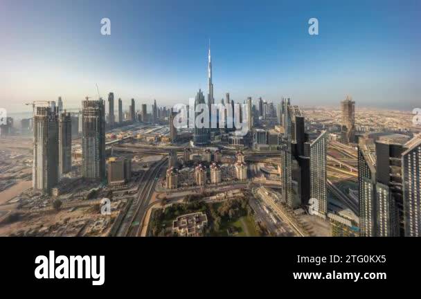 Aerial panoramic view of tallest towers in Dubai Downtown skyline and ...