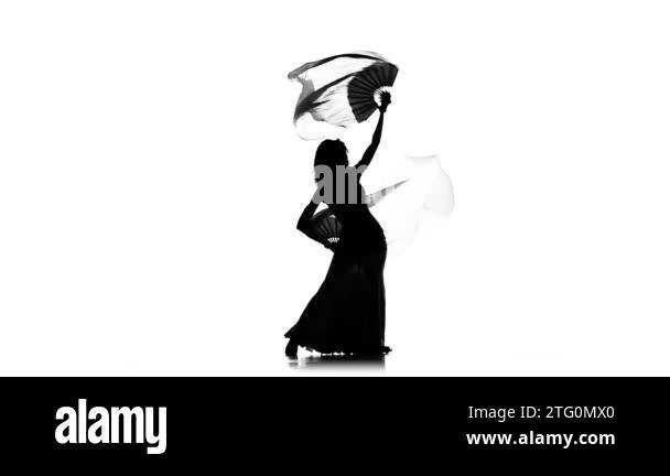 Beautiful exotic belly dancer girl shaking her hips, uses two fans on ...