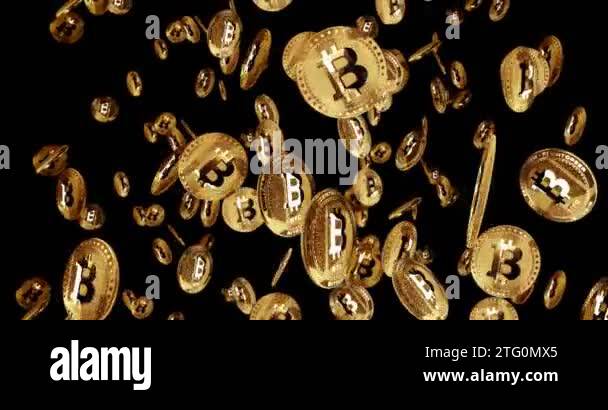 Bitcoin BTC cryptocurrency isolated gold coin rain background. Rotating ...