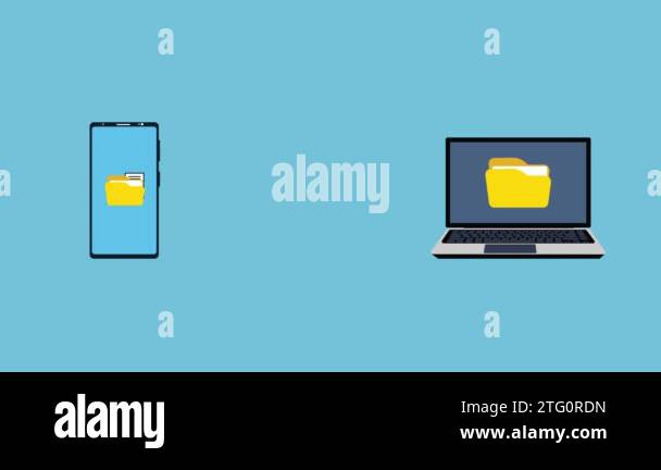 Data transferring from a mobile to a laptop 4K animation. Digital data ...