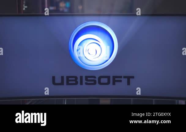 a monitor shows the logo of Ubisoft software which is a software house ...