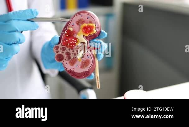 Doctor urologist shows structure of kidneys on layout. Kidney disease ...