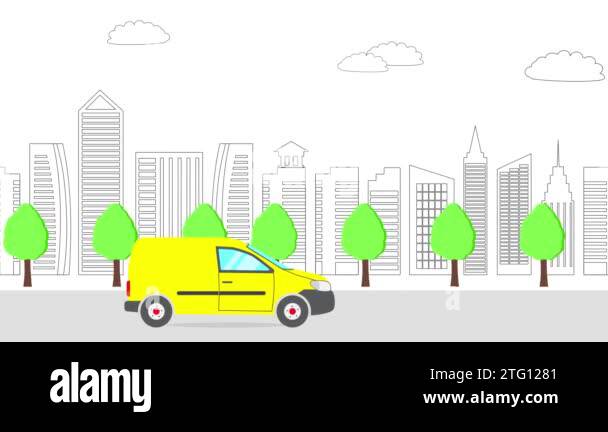 Delivery yellow van animation against the background of city. 2D ...