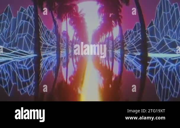 Retro 80s road scene with mountains and palm trees. VHS noise version ...