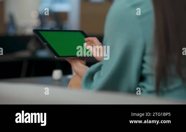Leader person fingers swiping mockup tablet at office closeup ...