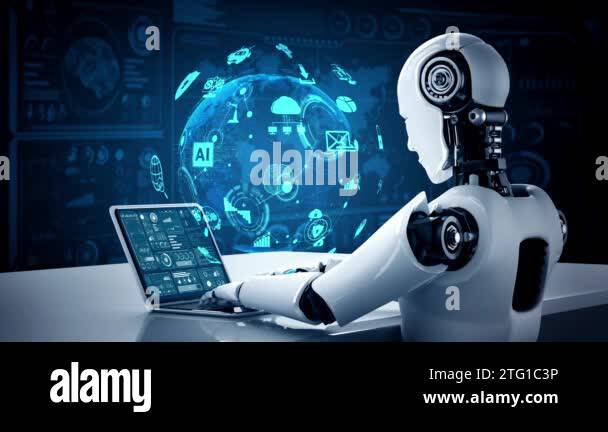 Robot hominoid use laptop and sit at table for global network connection using AI thinking brain ...
