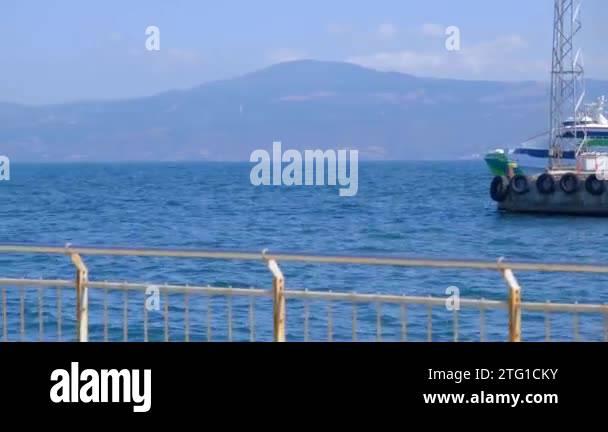 4k video of huge ship taking off from pier of Mudanya, Bursa. Horizon ...