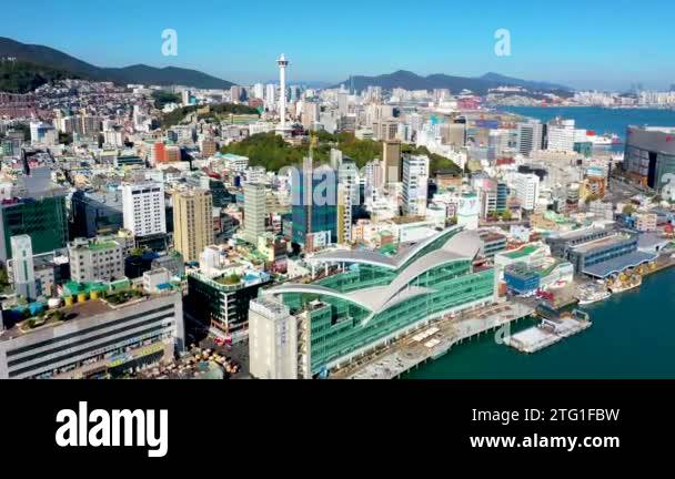 "BUSAN, KOREA, OCTOBER 30, 2019: Aerial view of landscape of Busan with ...
