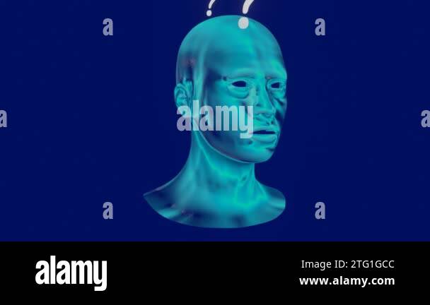 Holographic human head rotates to the right and left, white question ...