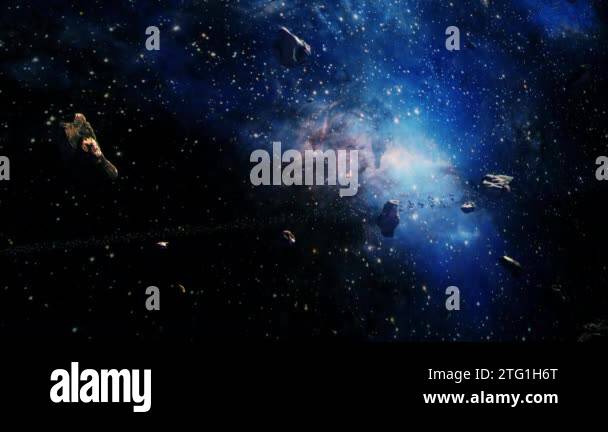 Galaxy exploration flying scence rock through outer space towards ...