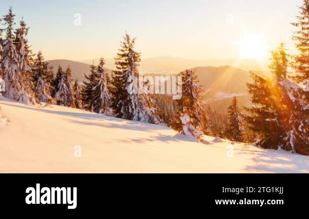 Beautiful winter landscape in the mountains. Rising sun breaks through ...