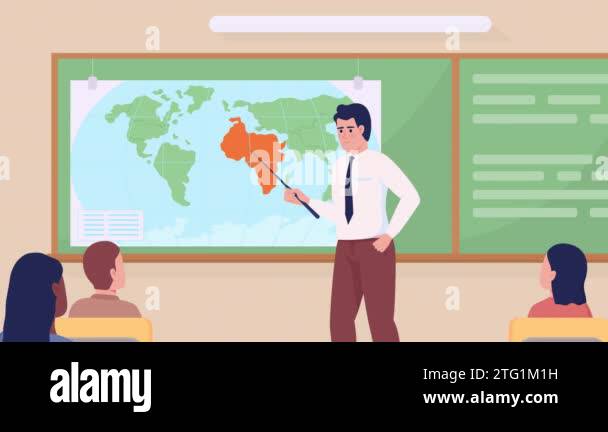Animated study world illustration. Geography educator with students ...