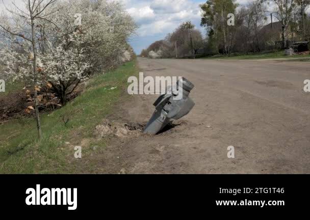 An unexploded military missile of the Russian army on the side of the ...