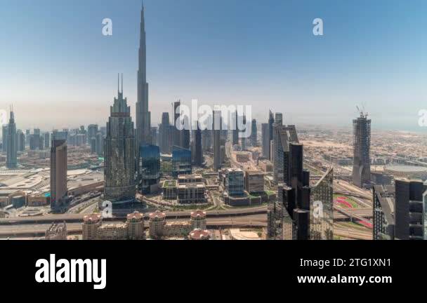 Aerial view of tallest towers in Dubai Downtown skyline and highway ...