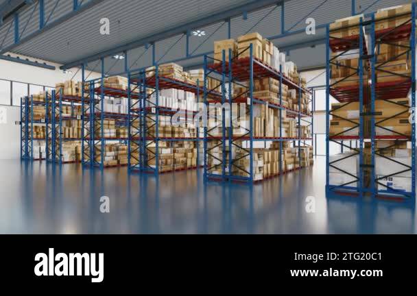 Big Retail Warehouse full of Shelves with Goods in Cardboard Boxes and ...