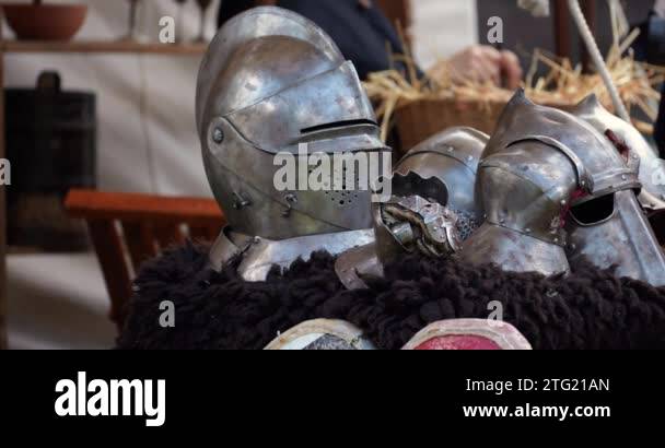 medieval war equipment made of metal armor and shields Stock Video ...