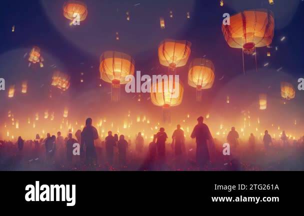 Chinese lanterns flying in the night sky. Lantern Festival at Chinese ...