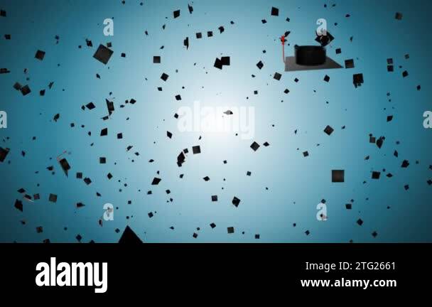 3D 4K animation of a graduation hats in the air sky background ...
